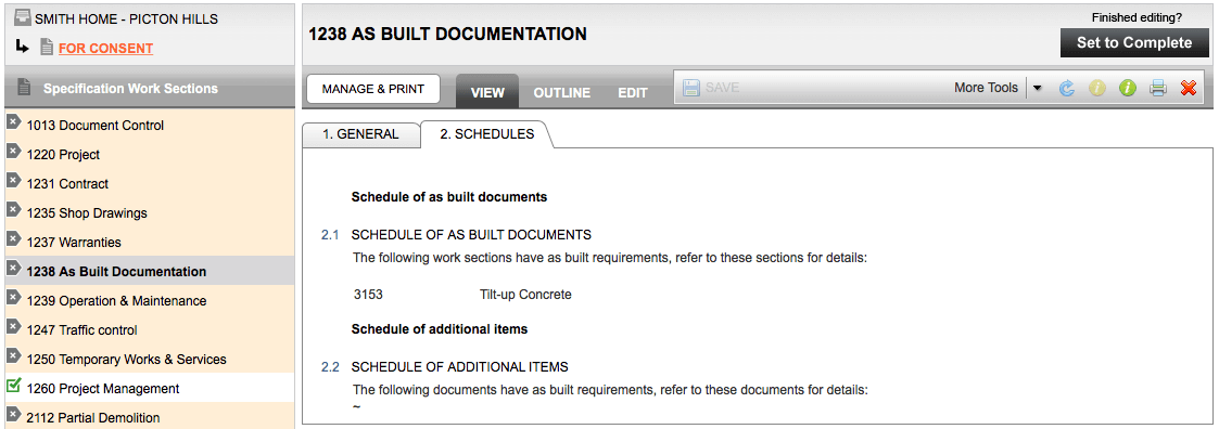 Masterspec Scheduling Sections - Masterspec